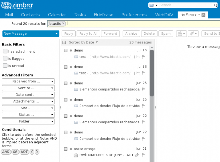 How to use the Search function in Zimbra? – bTactic Open Source&Cloud Solutions